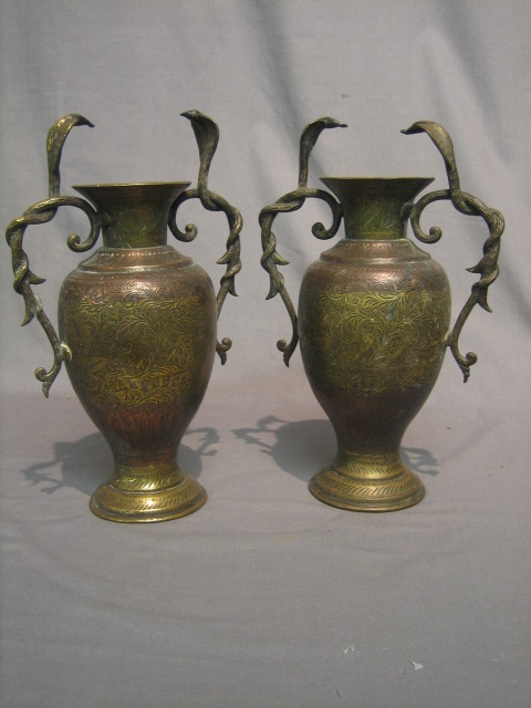 A pair of Benares brass twin handled vases with | 14th February 2007 ...