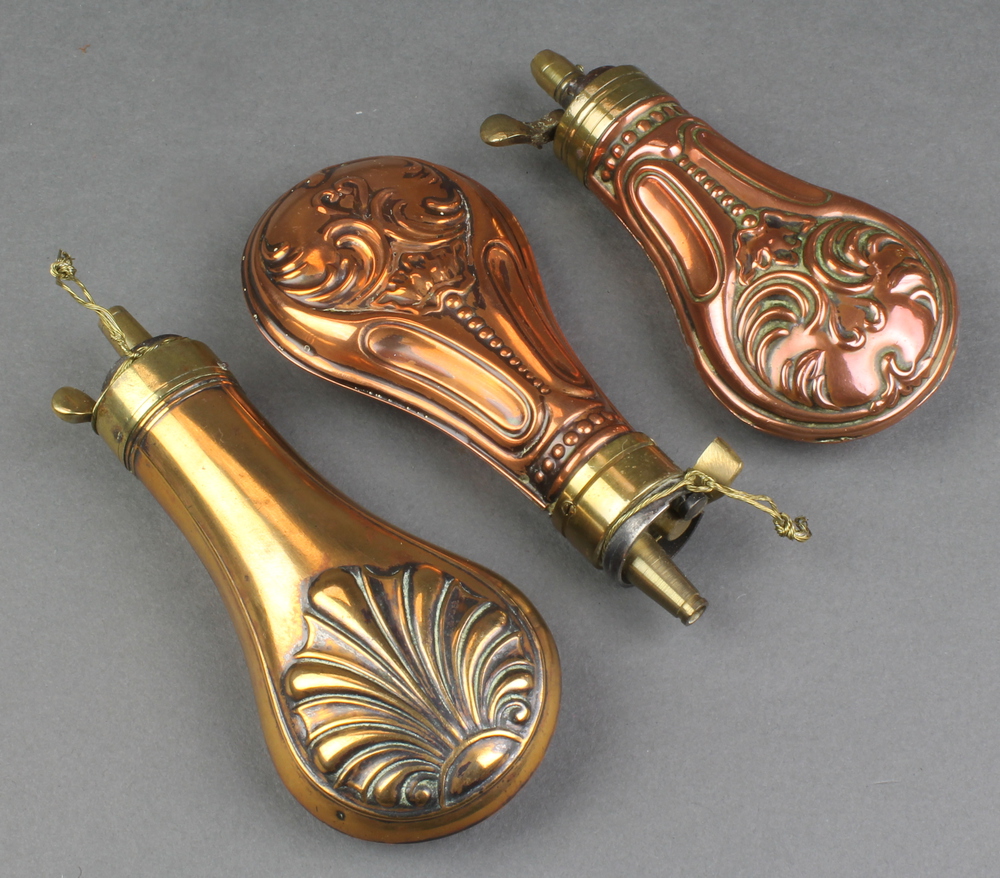 3 reproduction copper and brass powder flasks with | 26th August 2015 ...
