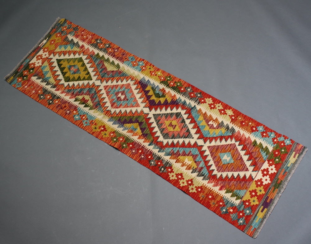A green, white and orange ground Chobi Kilim runner | 27th July 2022 ...