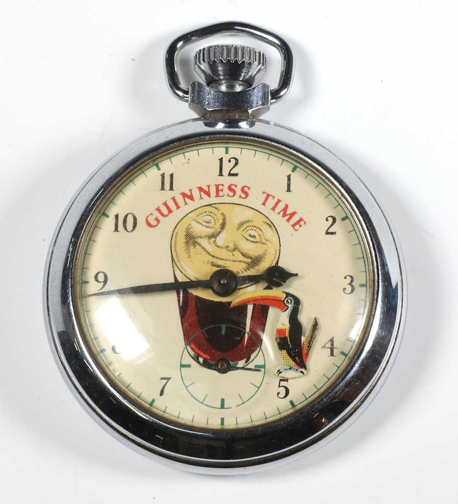A chrome cased Guinness Time pocket watch with pecking | 1st November ...
