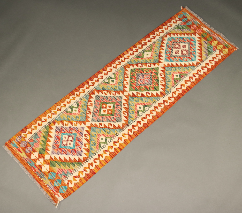 A green, white and orange ground Chobi Kilim runner | 12th June 2024 ...