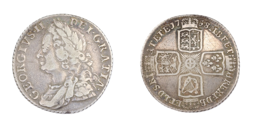 United Kingdom, George II, 1758 silver one Shilling, | 11th December ...