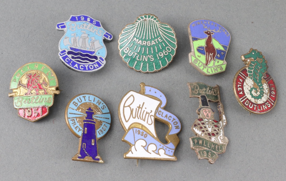Eight Butlins enamelled badges - Clacton 1950 marked B | 10th April ...